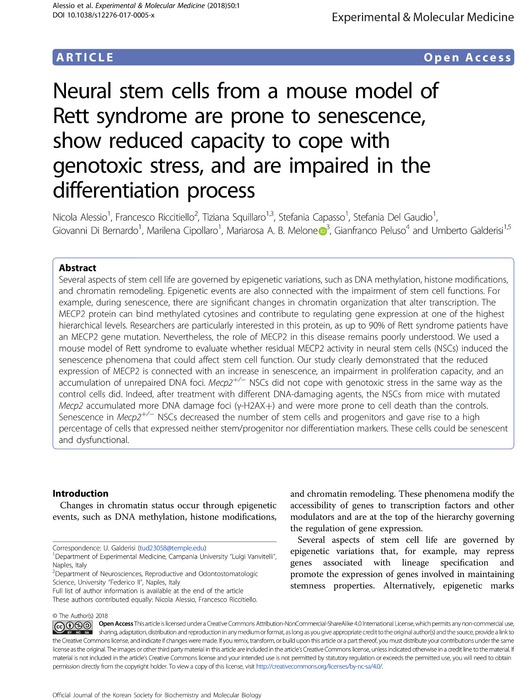 Neural stem cells from a mouse model of Rett syndrome are prone to ...